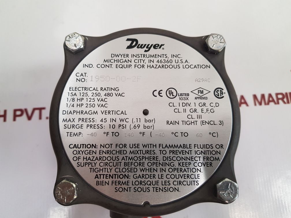 Dwyer 1950-00-2F Explosion-proof Differential Pressure Switch With Box ...