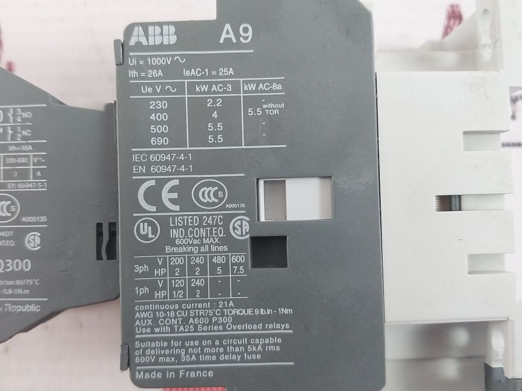 Abb A9 Ca5-01 Contactor Ta 25 Du Relay With Cal5-11 Auxiliary Contact ...