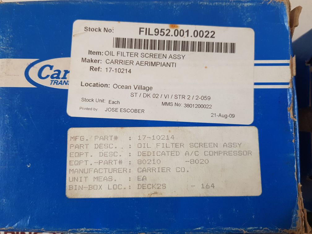 Carrier 17-10214 Oil Filter Screen Assy – Aeliya Marine Tech